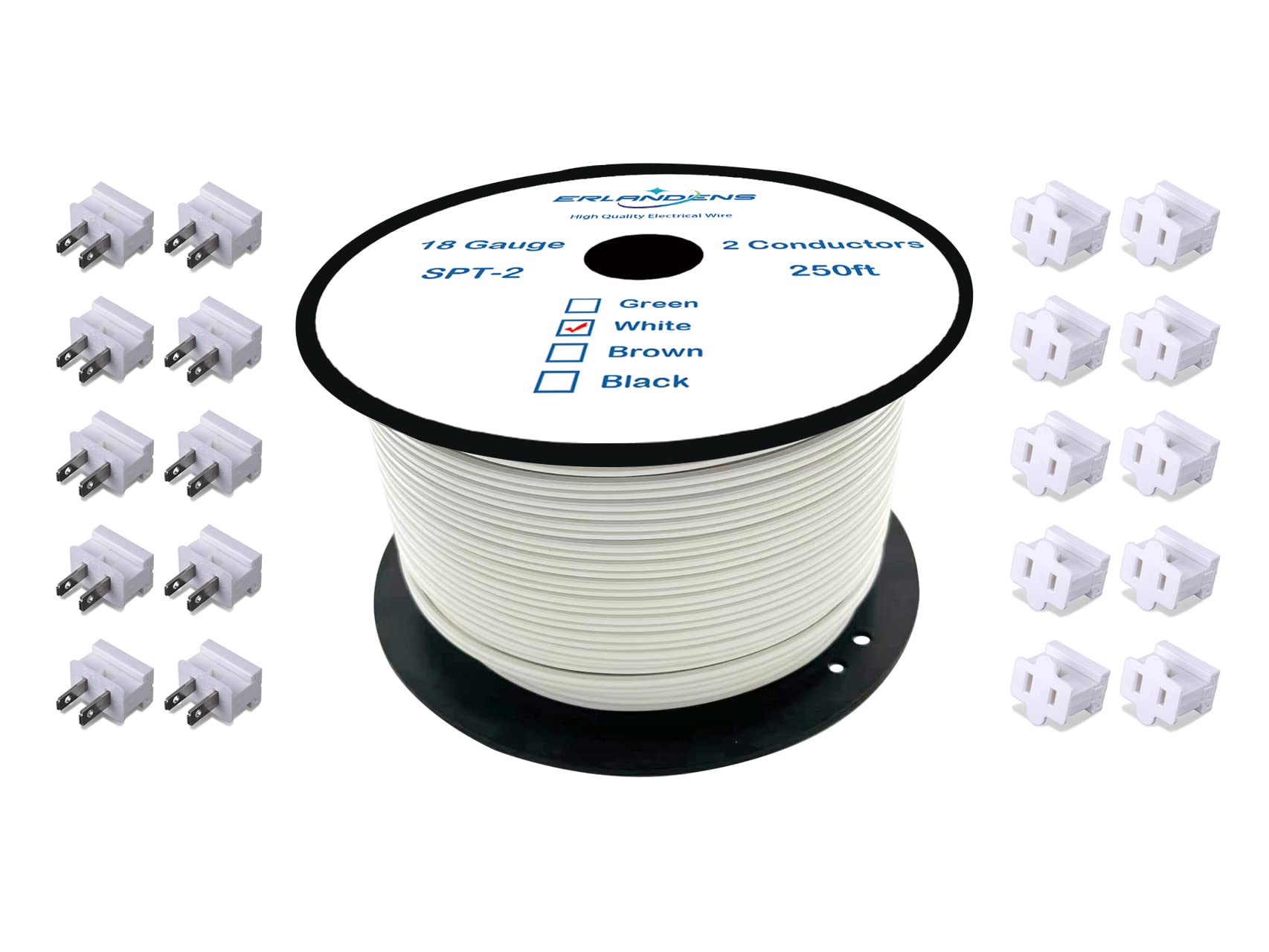 Erlandens SPT-2W Electrical Wire 18/2 Zip Cord with 20 Plugs, Copper ...