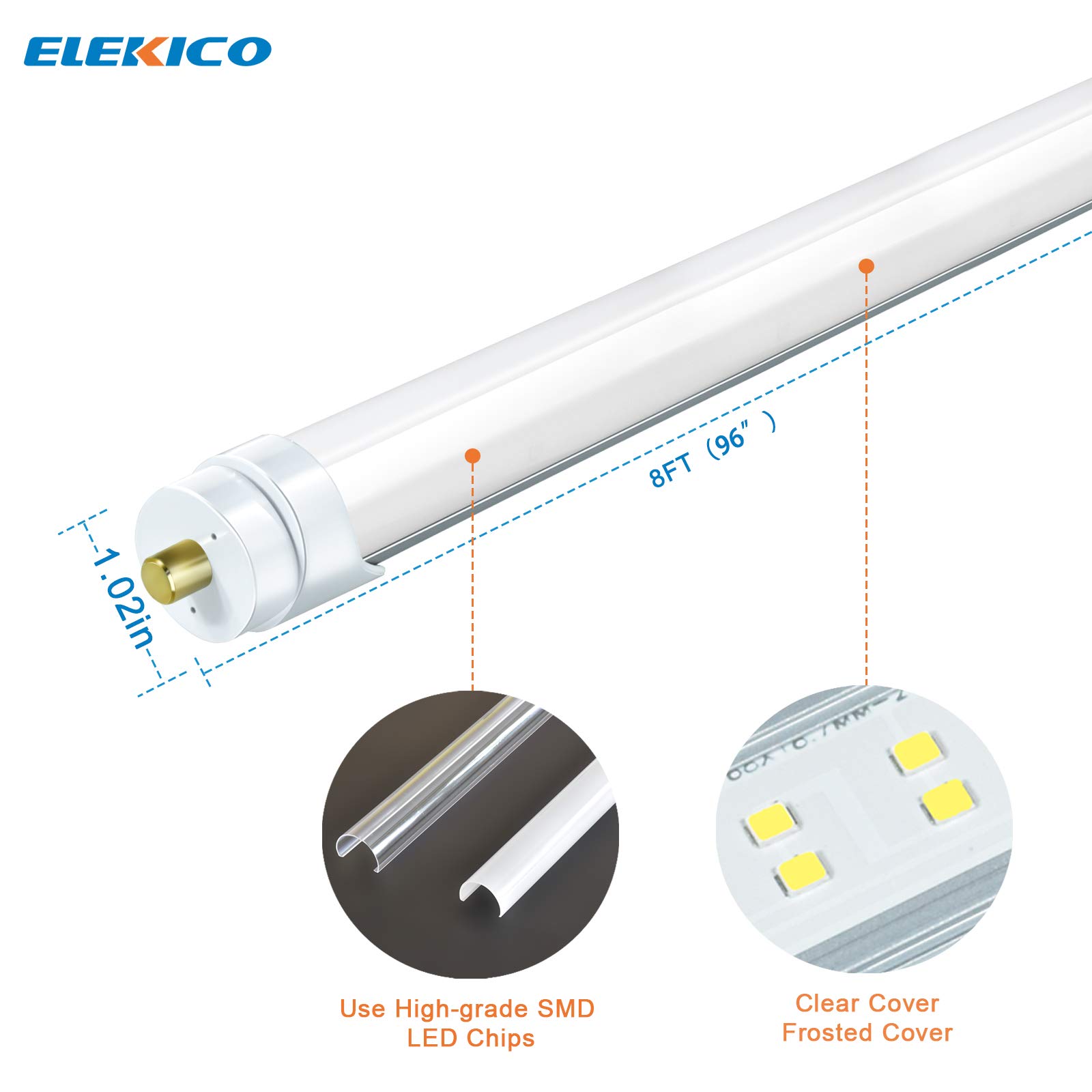 ELEKICO 8FT Led Shop Light, Super Bright Double Row 72W 5000K 9000LM T8 ...