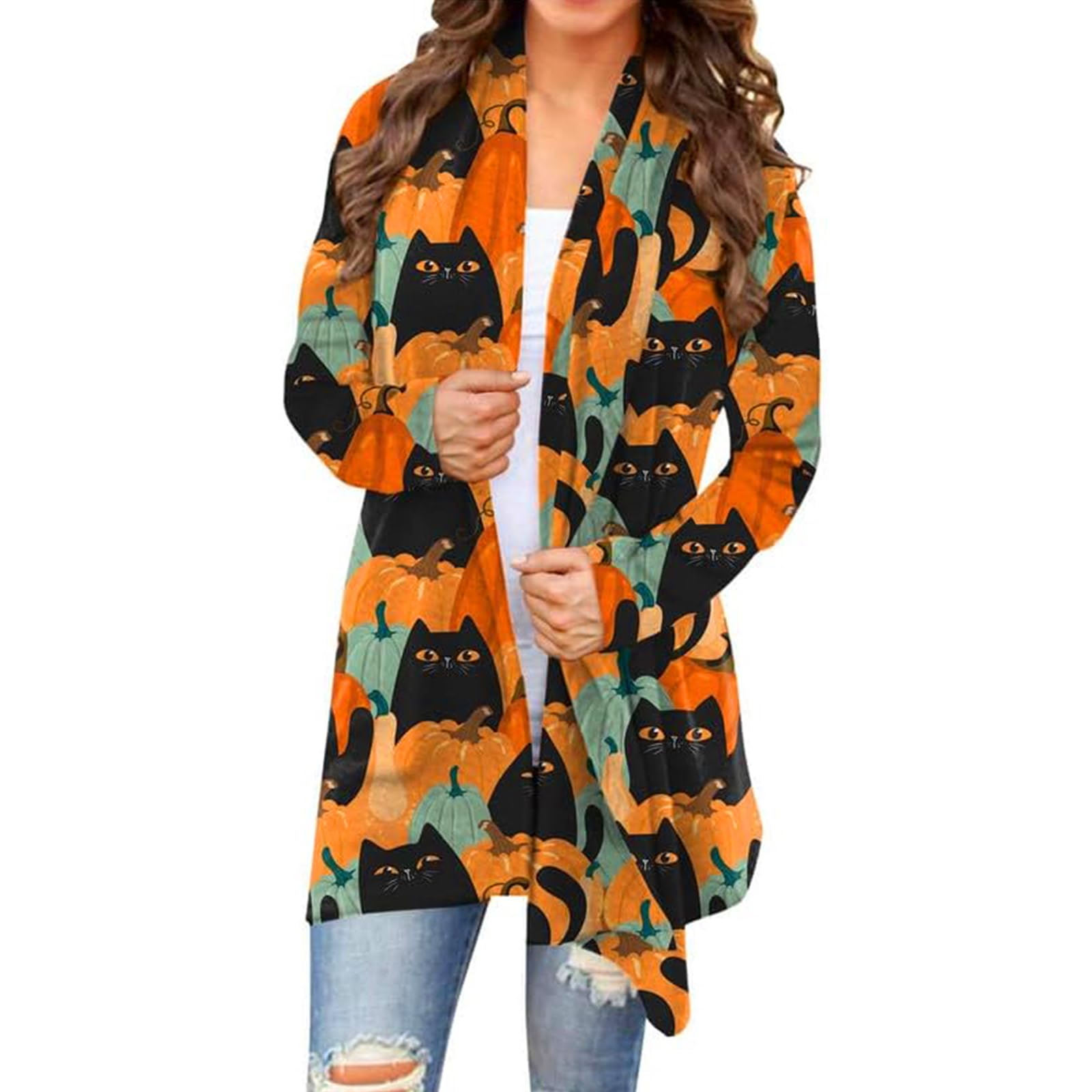 BOUTIKOME Women's Halloween Cat Pumpkin Cardigan Long Sleeve Open Front ...