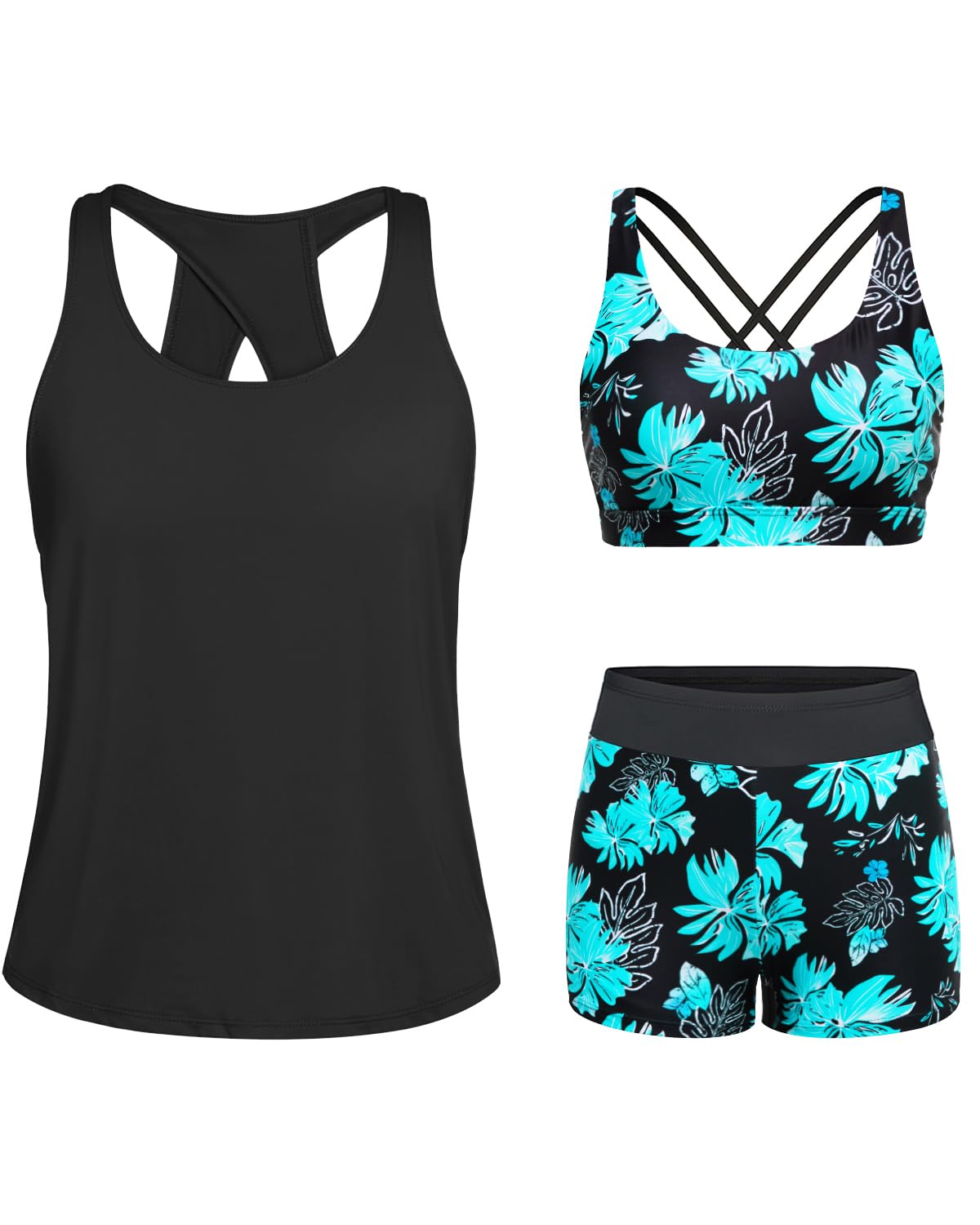Tempt Me Blue Flower 3 Piece Tankini Swimsuits for Women Athletic ...