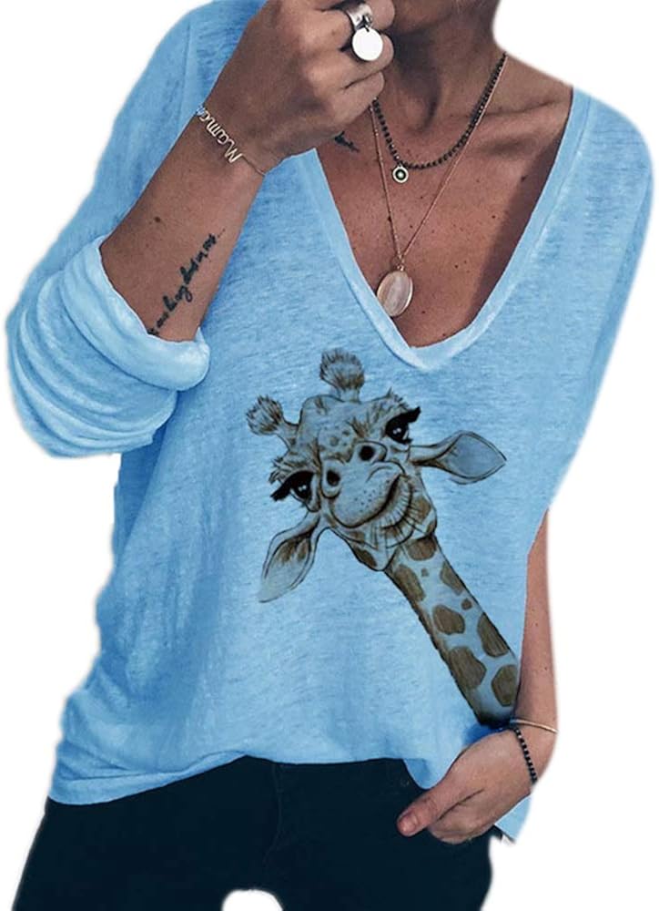 Women's Giraffe Print V-Neck T-Shirt Plus Size Long Sleeve T-Shirt ...
