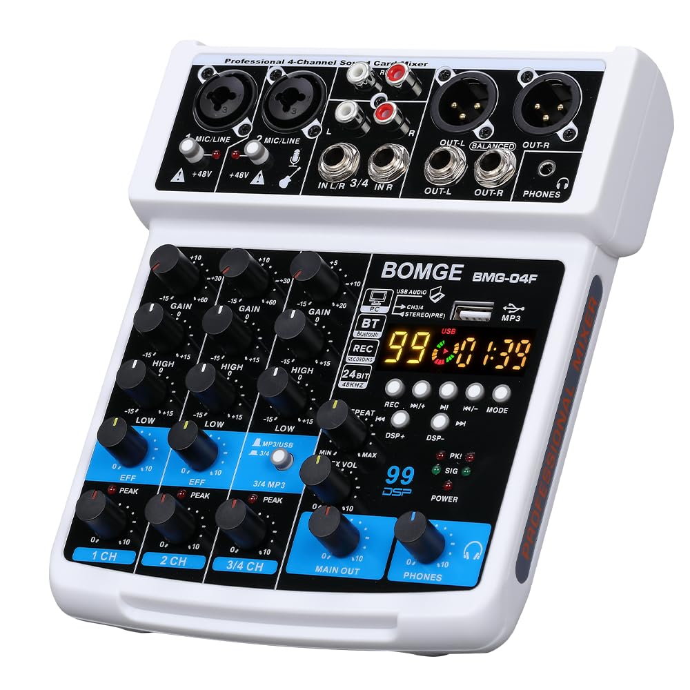 BOMGE 4 Channel mini DJ Audio Sound Mixer Interface with MP3? USB, Bluetooth, Stereo Recording ...