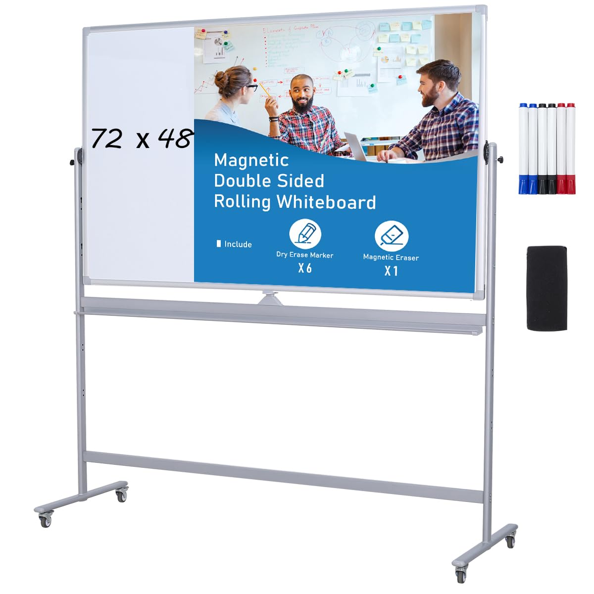 DexBoard Extra Large Rolling White Board, 72 x 48 inches Double-Sided ...