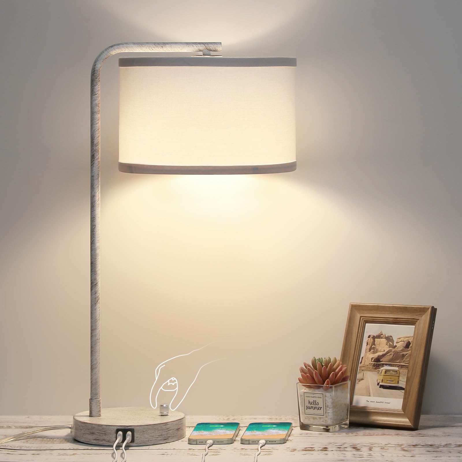 Table Lamp with Dual USB Charging Ports, Fully Dimmable Farmhouse ...