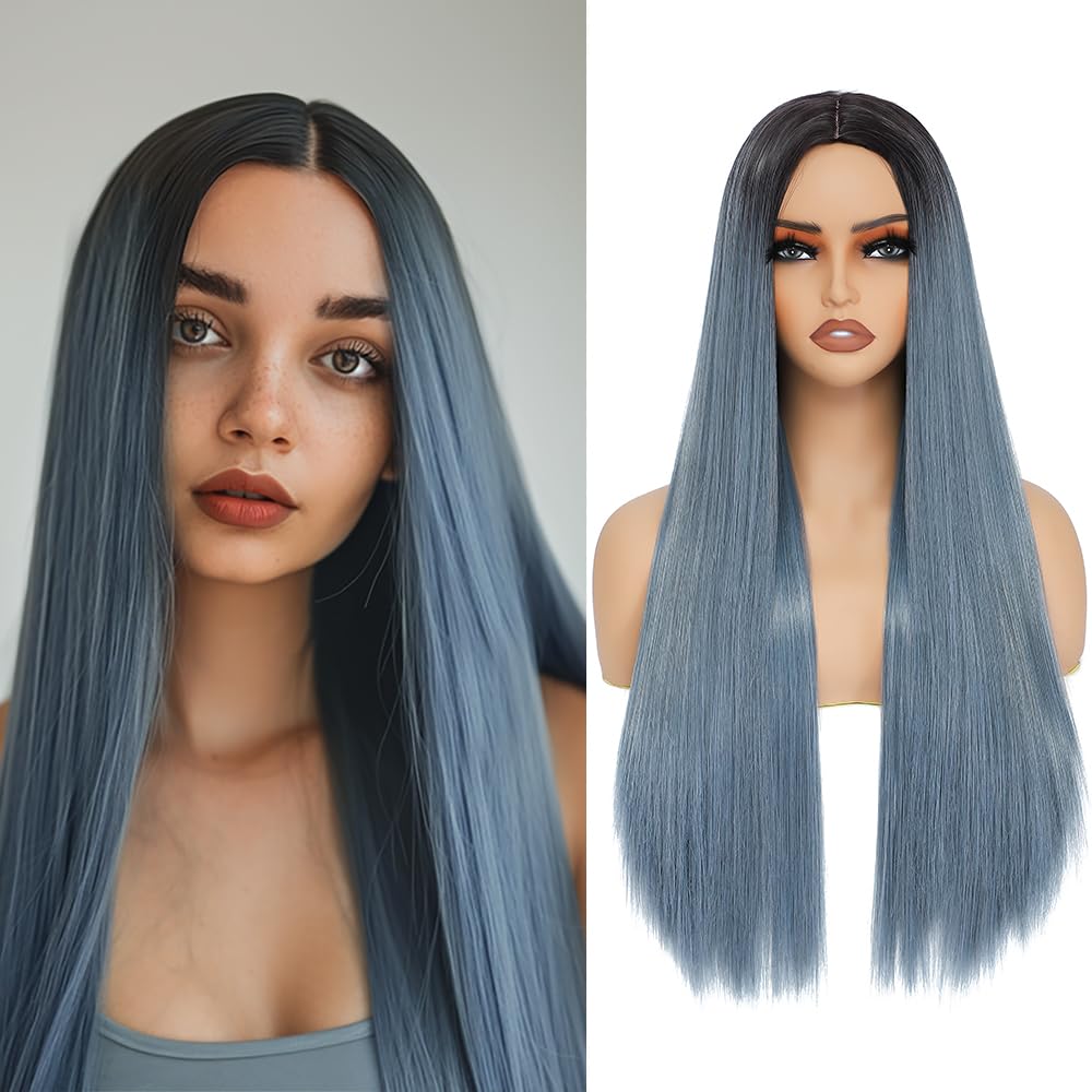 X-TRESS 28 Inch Straight Hair Ombre Gray Blue Color Long Silk Straight ...