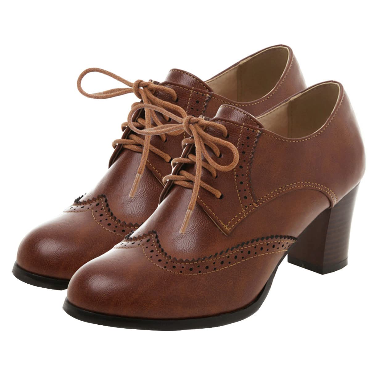 SHEMEE Women's Chunky High Heels Wingtip Oxfords Round Toe Lace Up ...