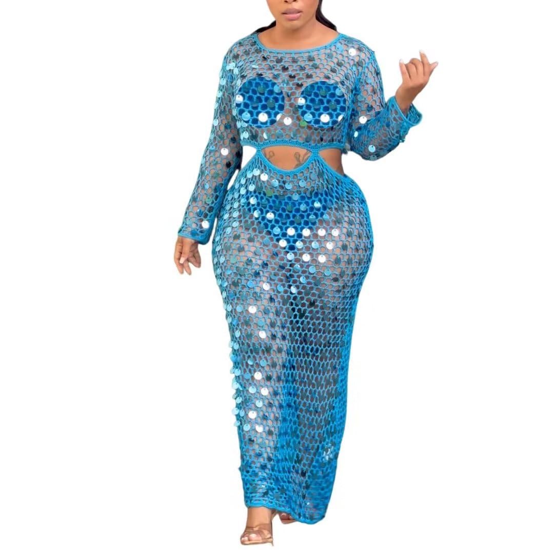Kafiloe Women Sexy Long Sleeve Sequin Crochet Maxi Dress Beach Cover ...