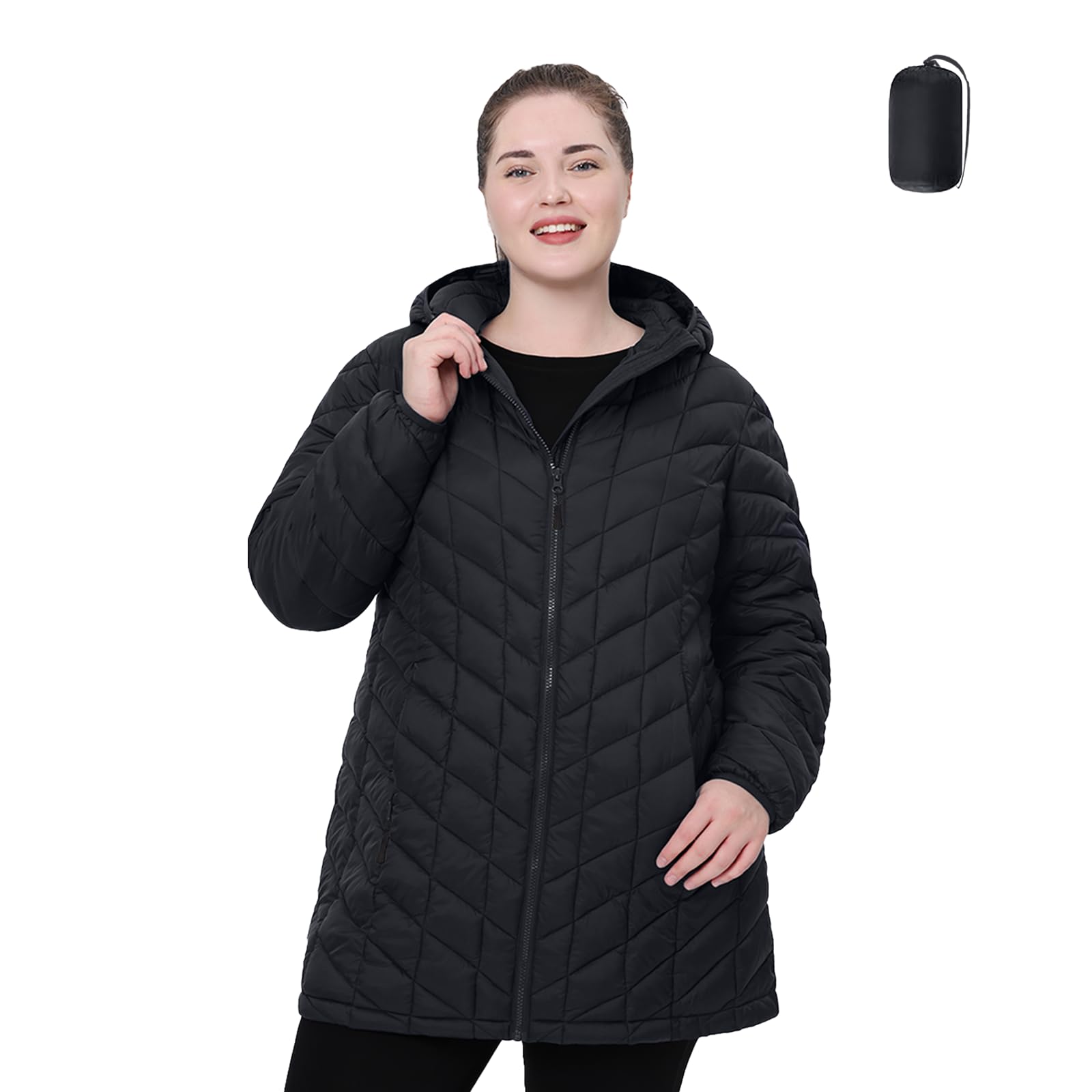 HHE Plus Size Packable Puffer Jacket,Women's 1X-6X Water-Resistant Lightweight Hooded Winter ...