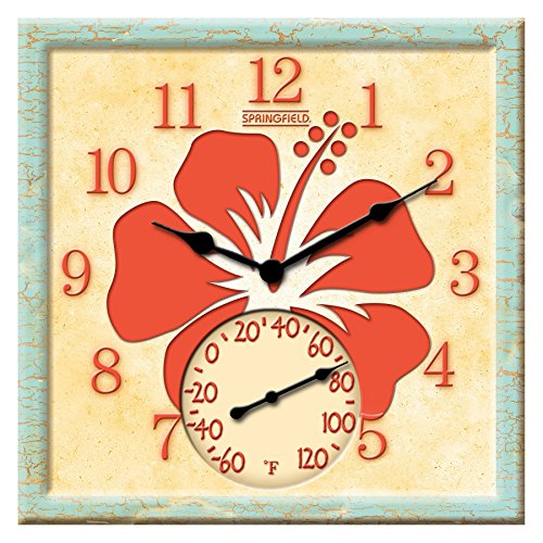 Springfield 12"x12" Orange Hibiscus Poly Resin Clock with Thermometer ...
