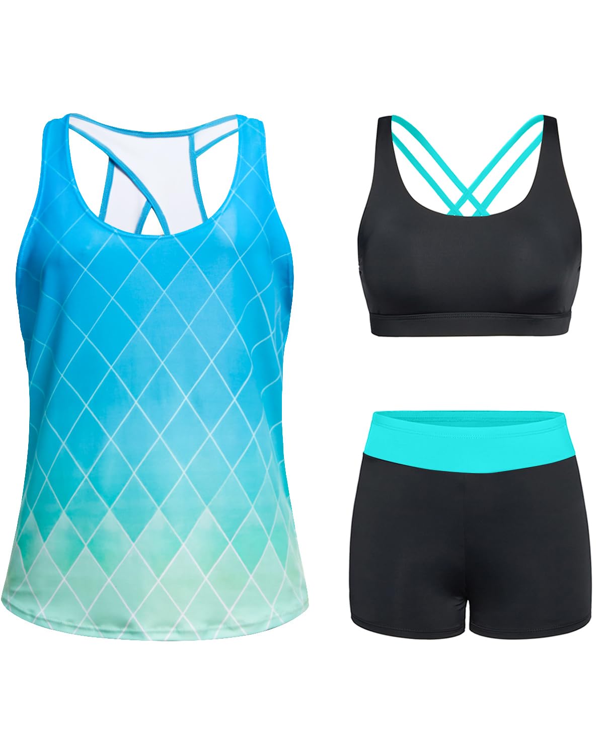 Tempt Me Blue Gradient 3 Piece Tankini Swimsuits for Women Athletic ...