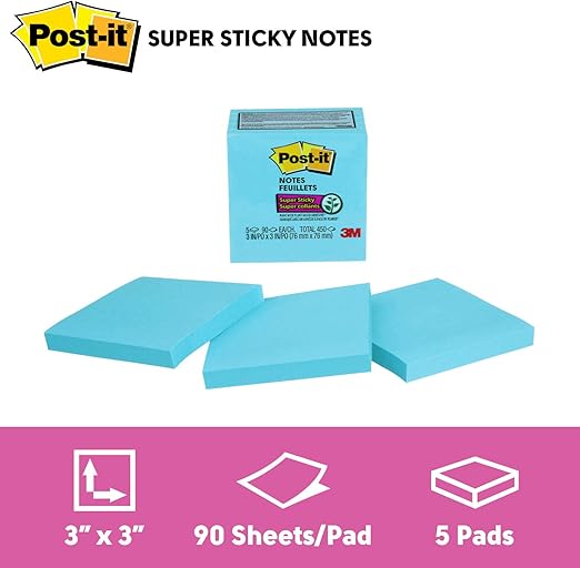 Post-it Notes Super Sticky Notes, 3" x 3", 5 Pads, 90 Sheets/Pad ...
