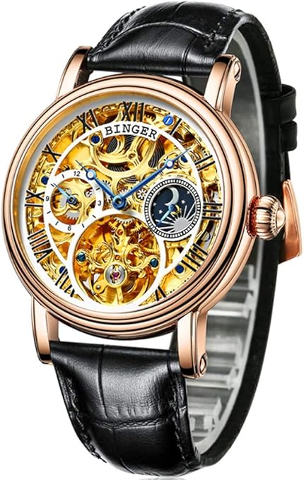 B BINGER Skelett Uhren Herren Automatik Selbstaufzug Mechanische Leder Armband(Golden und weiß ...
