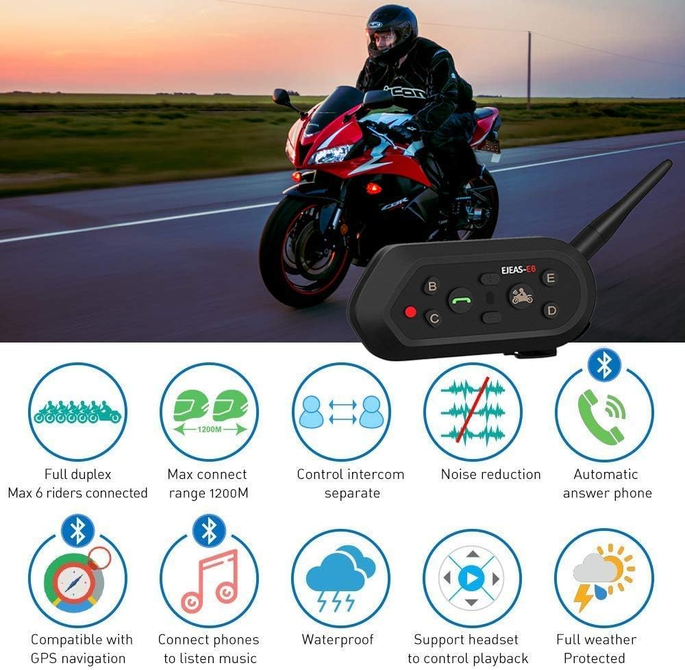 EJEAS® E6 Motorcycle Helmet Bluetooth Intercom Headset 6 Riders 1200m ...