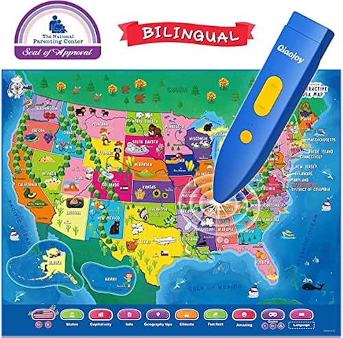 Qiaojoy V2 Interactive Kids Map Bilingual United States Map for Kids ...