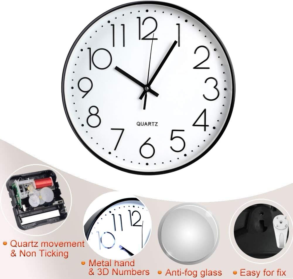 TOHOOYO Wall Clock, 12 ”Non-ticking Silent Quartz Decorative Clocks ...