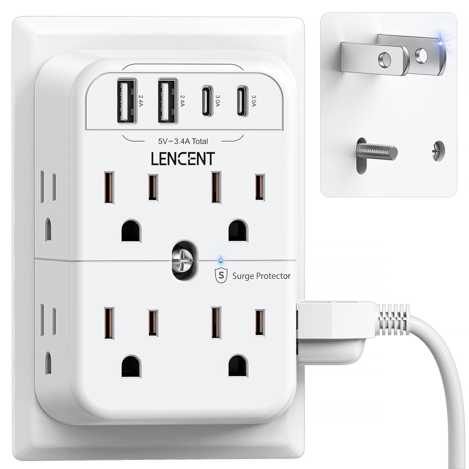 LENCENT 2 Prong Power Strip, 3 to 2 Prong Outlet Adapter, 2 Type C&2 ...