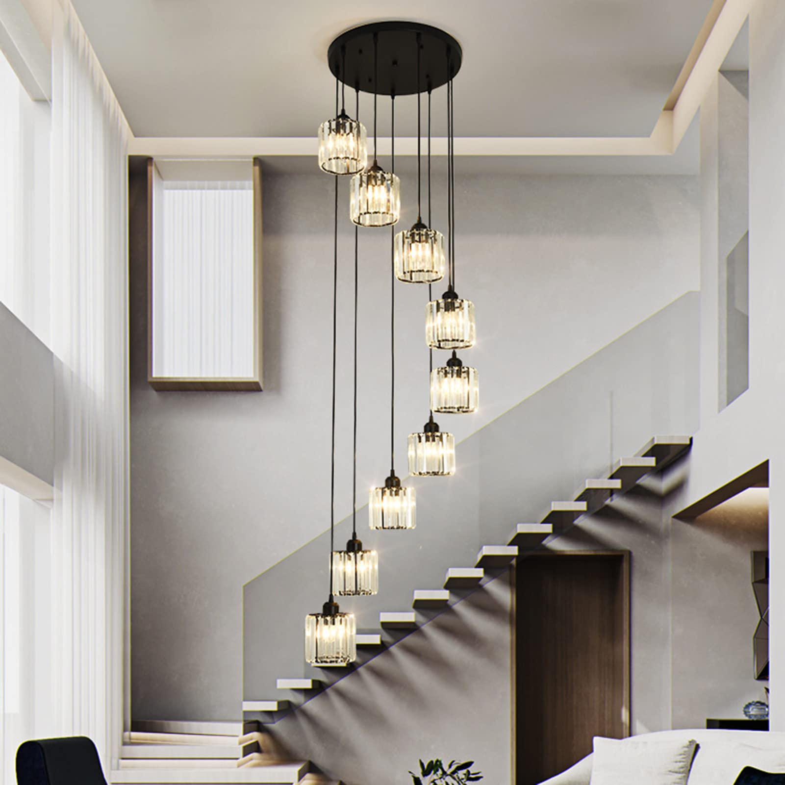 Meimond Long Chandeliers for High Ceilings,Modern Crystal Pendant Light ...