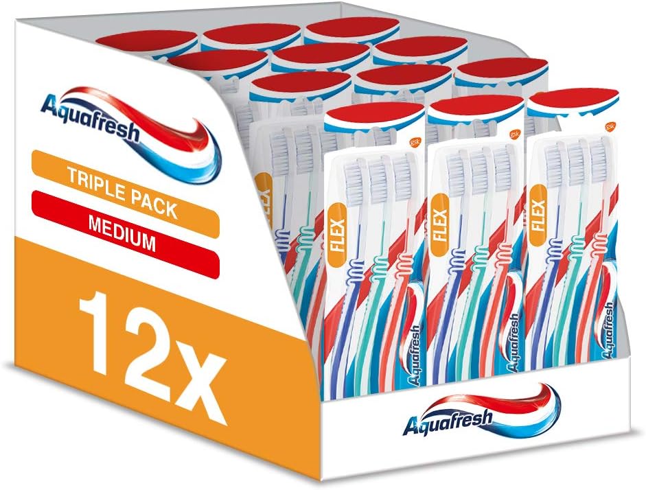 Aquafresh Clean and Flex Triple Pack Toothbrush, Medium, Pack of 12 ...