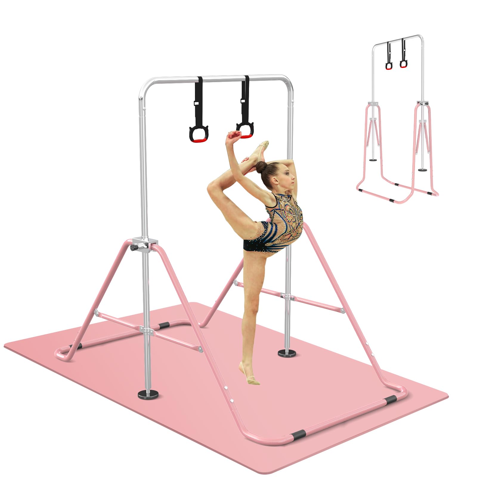 FINCOME Gymnastics Bar for Kids with Mat and Gymnastics Rings, Height ...