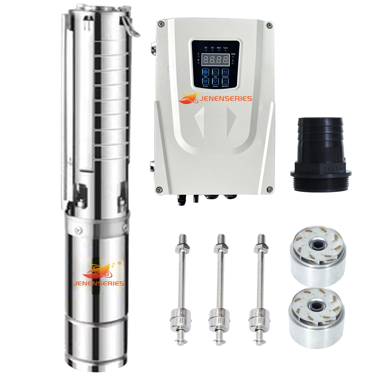 JENENSERIES Solar submersible Pump 4 inch 1100W 220VAC and 300VDC, Stainless deep well impeller ...
