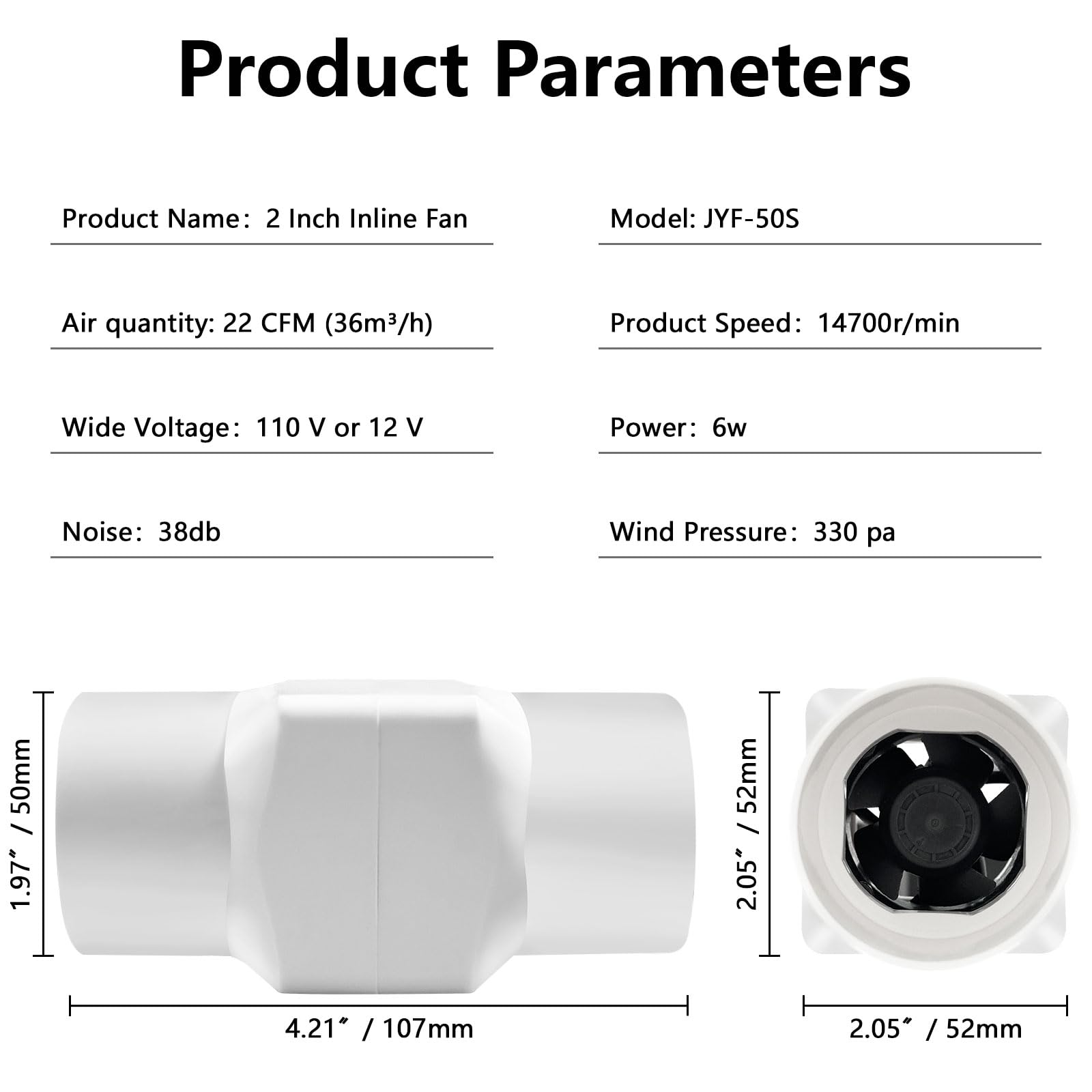 MissHoney 2 Inch Inline Fan, 12v Adjustable Speed, 22 CFM Duct Fan ...