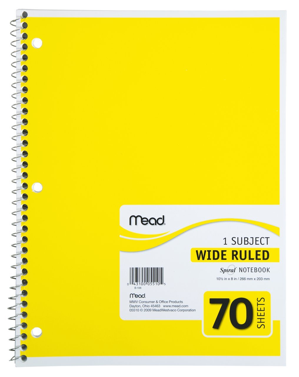 Mead Spiral Notebook 1 Subject 70 Count Wide Ruled Yellow 05510