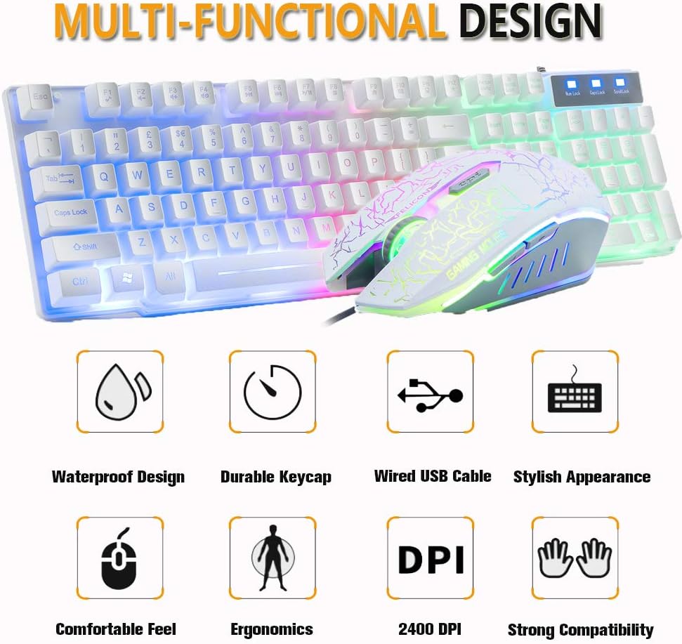 UrChoiceLtd Keyboard Mouse Sets, T16 Wired Gaming Keyboard Rainbow Backlit Ergonomic USB ...