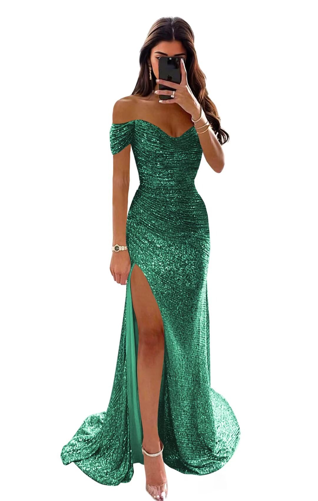 QUANJINR Sparkly Sequin Prom Dresses Long with Slit Off The Shoulder Mermaid Ball Gown Pleated ...
