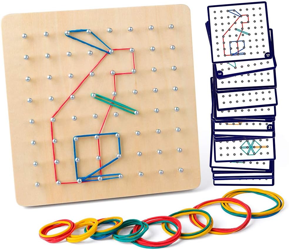 Coogam Hölz Geoboard mit Aktivitäts Muster Karten und Gummi Bändern - 8 x 8 Stifte ...