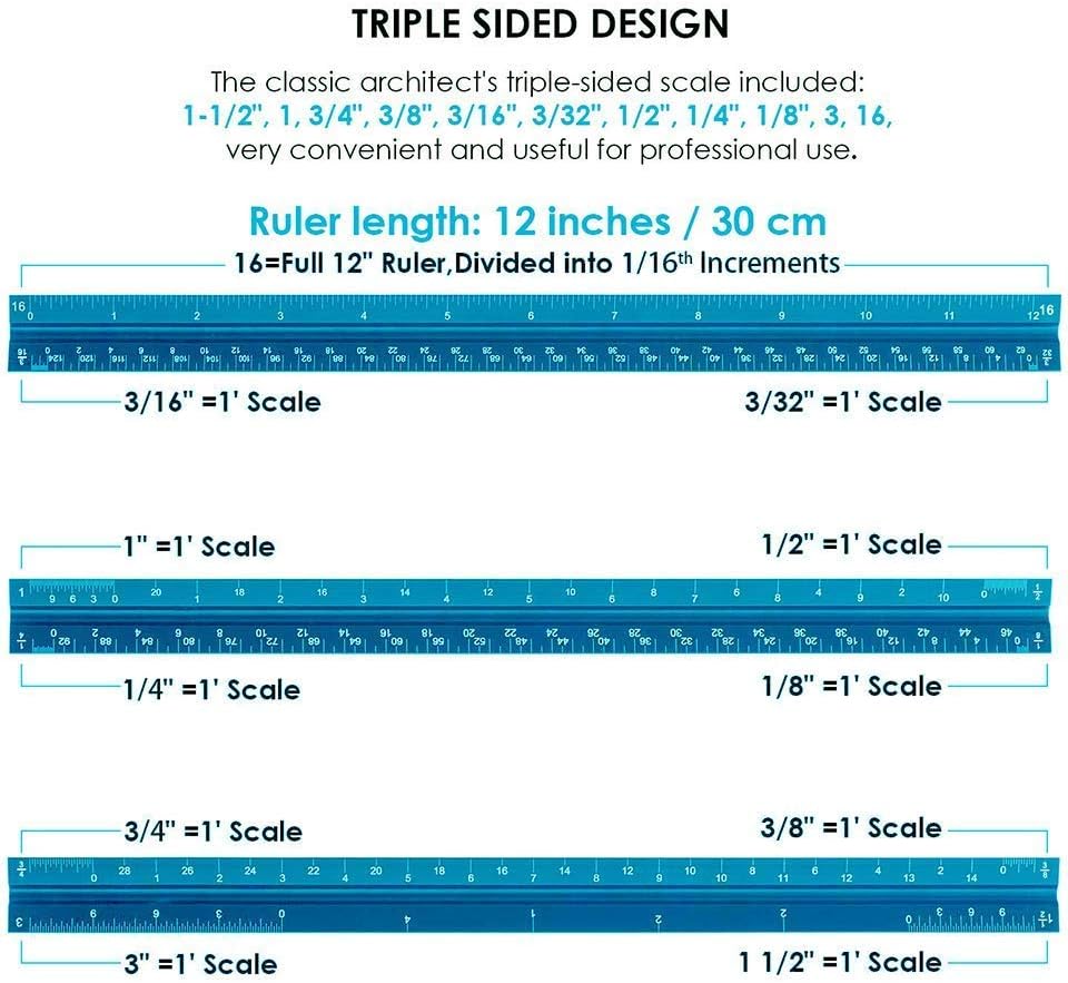 Sunnysam Architectural Scale Ruler, 12″ Aluminum Architect Scale, Triangular Scale, Scale Ruler ...