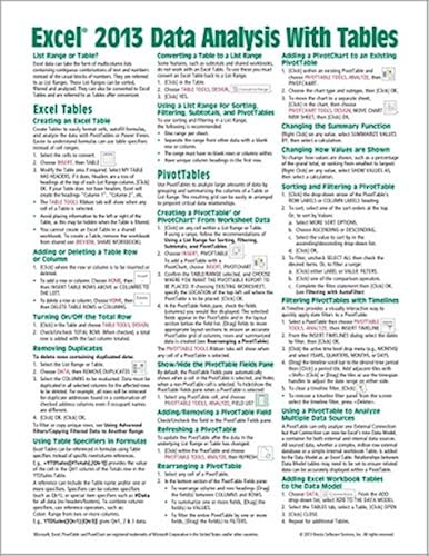 Microsoft Excel 2013 Data Analysis with Tables Quick Reference Guide (Cheat Sheet of ...