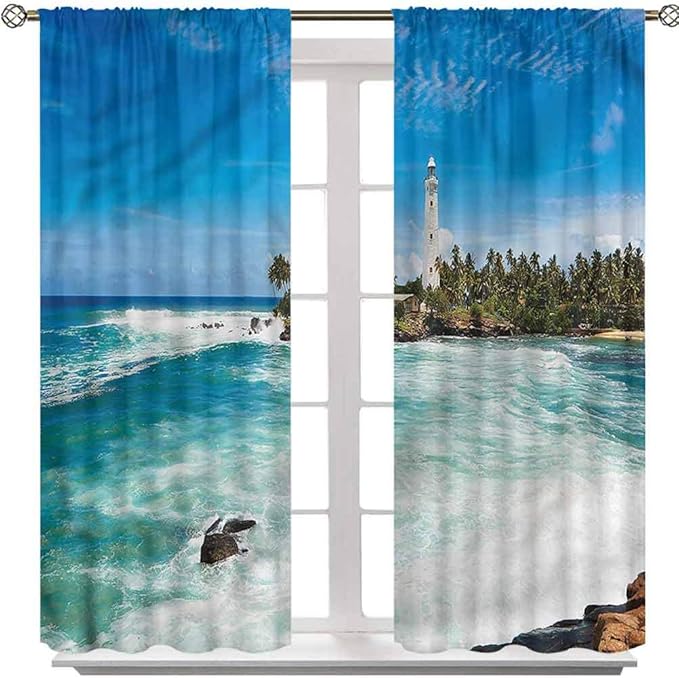 YUAZHOQI Lighthouse Window Curtain for Bedroom, Palms Beach Seaside ...