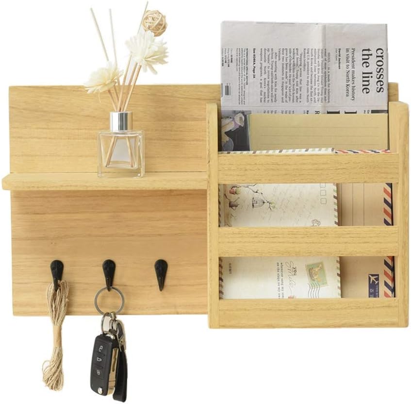 NM Wall Mounted Mail Envelope Organizer with 3 Key Holder Hooks Wood ...
