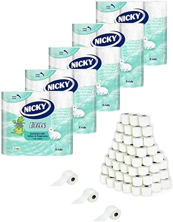 Nicky Elite Embossed White Bathroom Toilet 3 Ply Tissue 45 Rolls(9 Per ...