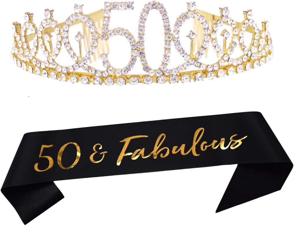 Amazon.com: 50th Gold Birthday Tiara and Sash Happy 50th Birthday Party ...