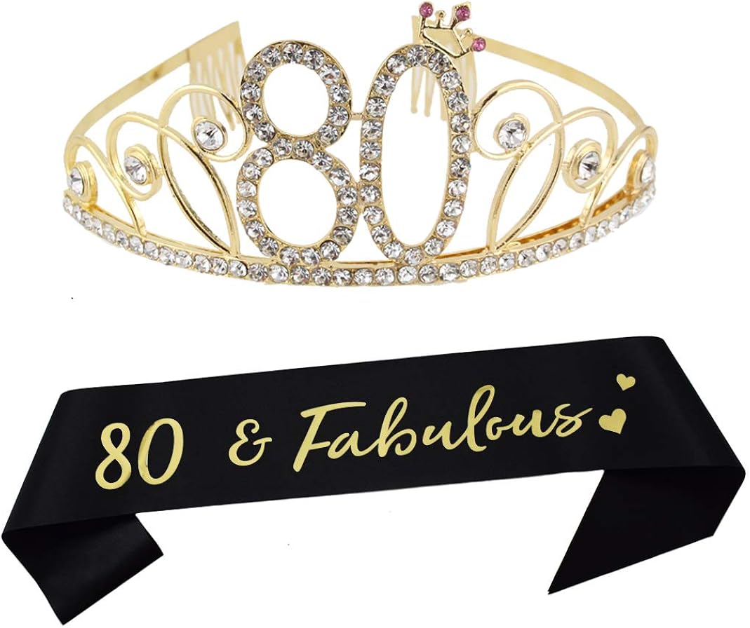 Amazon.com: Dgasin 80th Birthday Tiara and Sash Happy 80th Birthday Party Supplies 80 Fabulous ...
