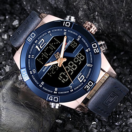 Analog Digital LED Dual Time Display Fog Blue Genuine Leather Band ...