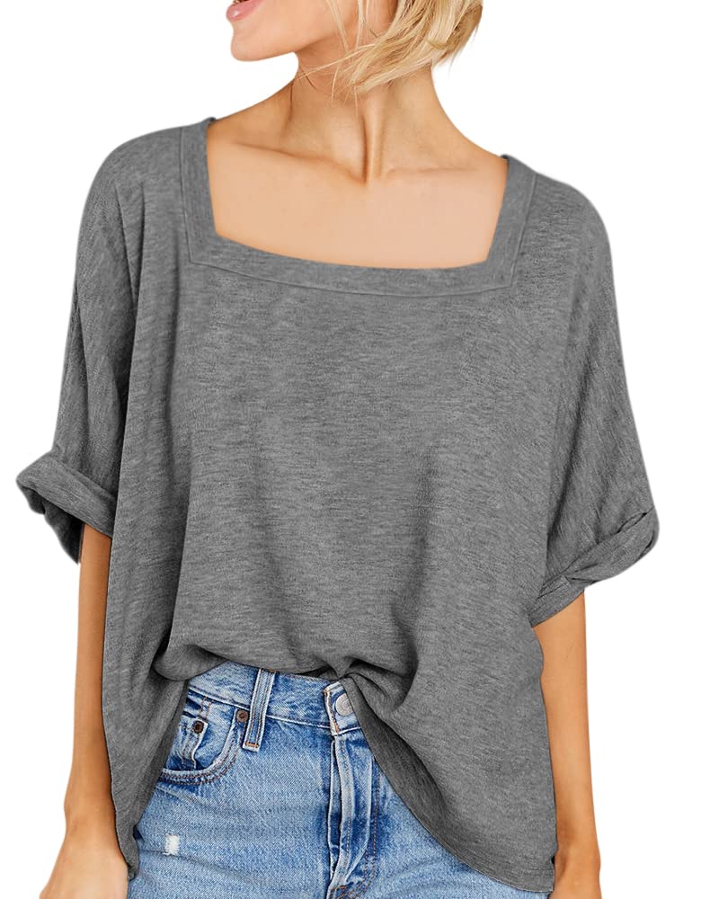 Langwyqu Womens Square Neck Oversized T Shirts Short Sleeve Casual ...