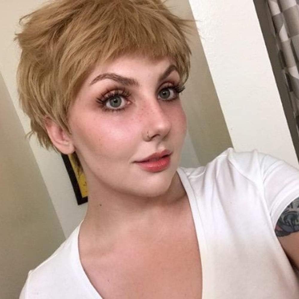 Creamily Strawberry Blonde Short Pixie Wigs with Bangs Layered Cut ...