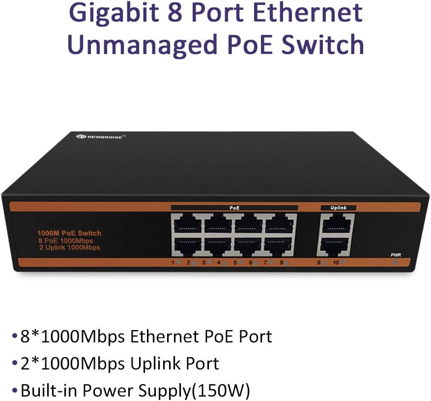 NEWBRIDGE 10Port Gigabit Ethernet PoE Switch, 2 Ethernet Uplink Port ...