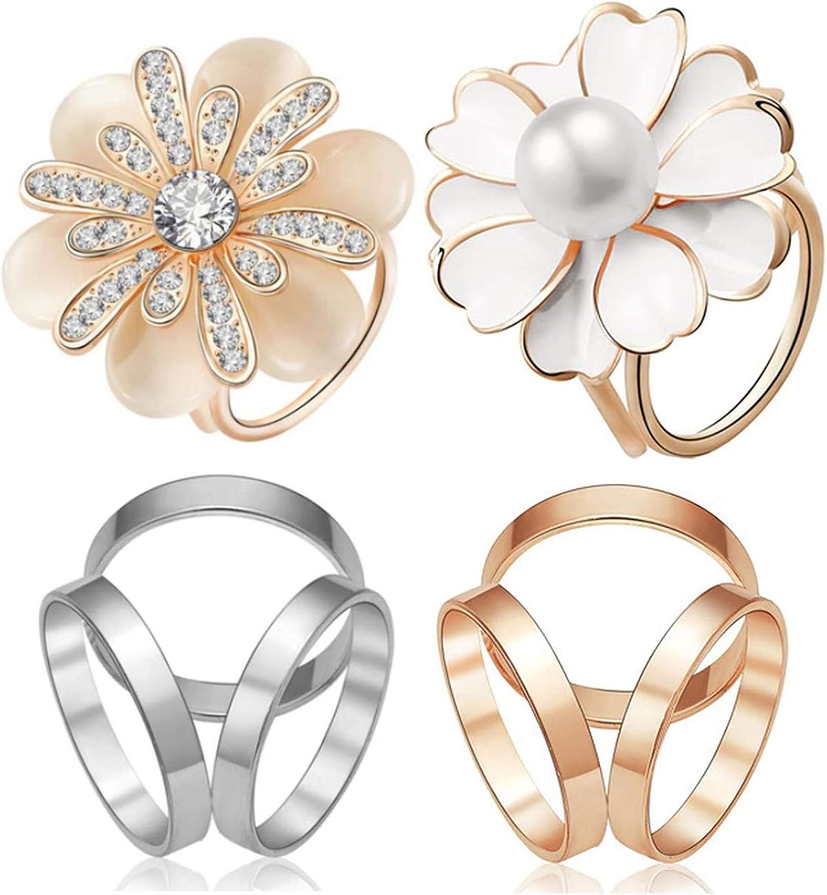 CAREOR 4 Pack Ladies Girls Three Rings Silk Scarves Clip Enamel Simple ...