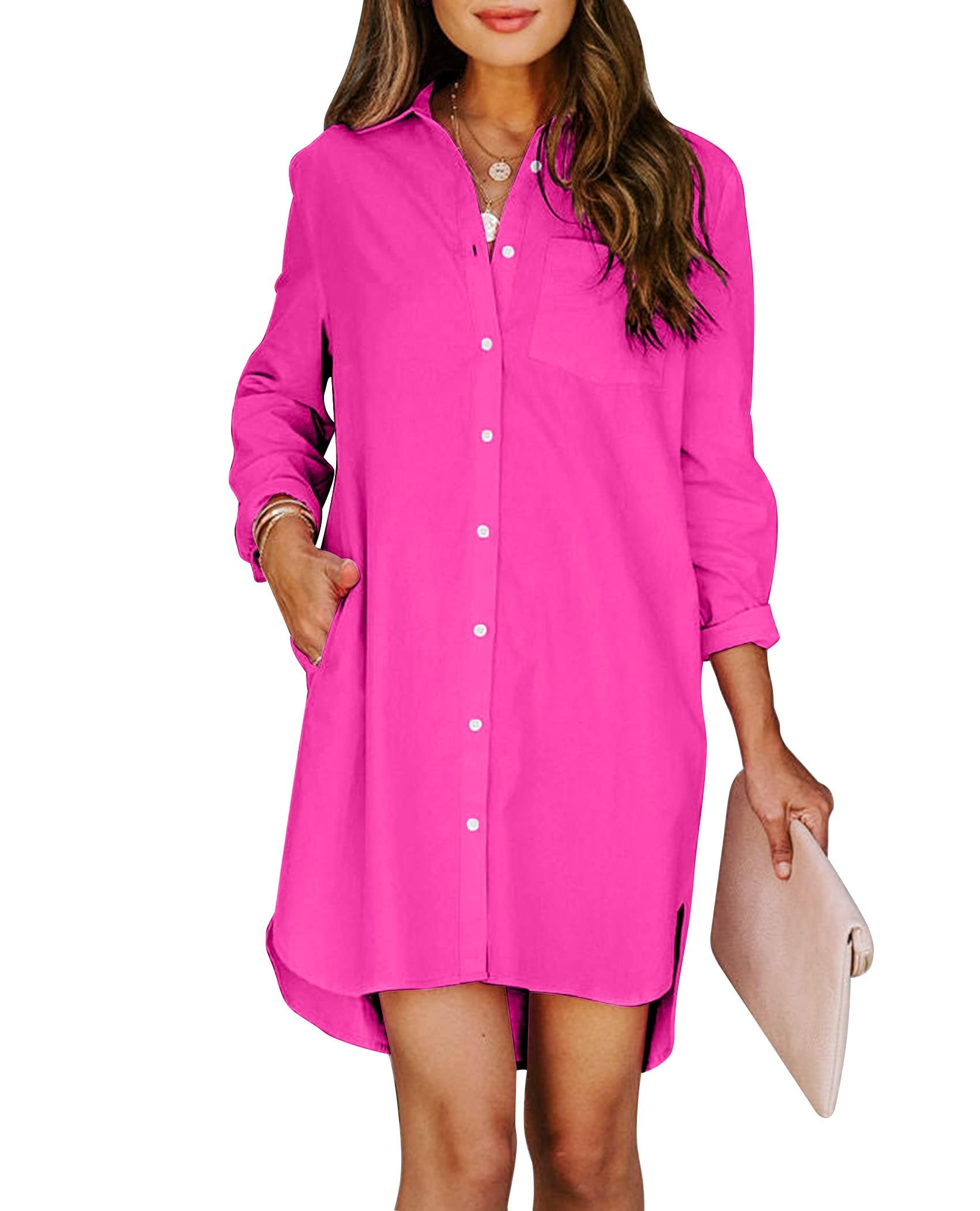 Aoudery Womens Button Down Shirt Dresses with Pockets Cotton Button Up ...