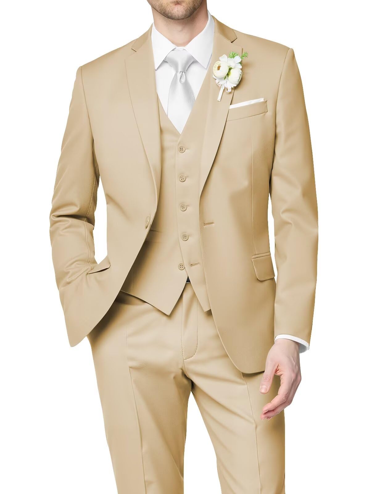 HUUTOE Men's Champagne Suits Slim Fit 3 Piece Man Wedding Suit Mens ...