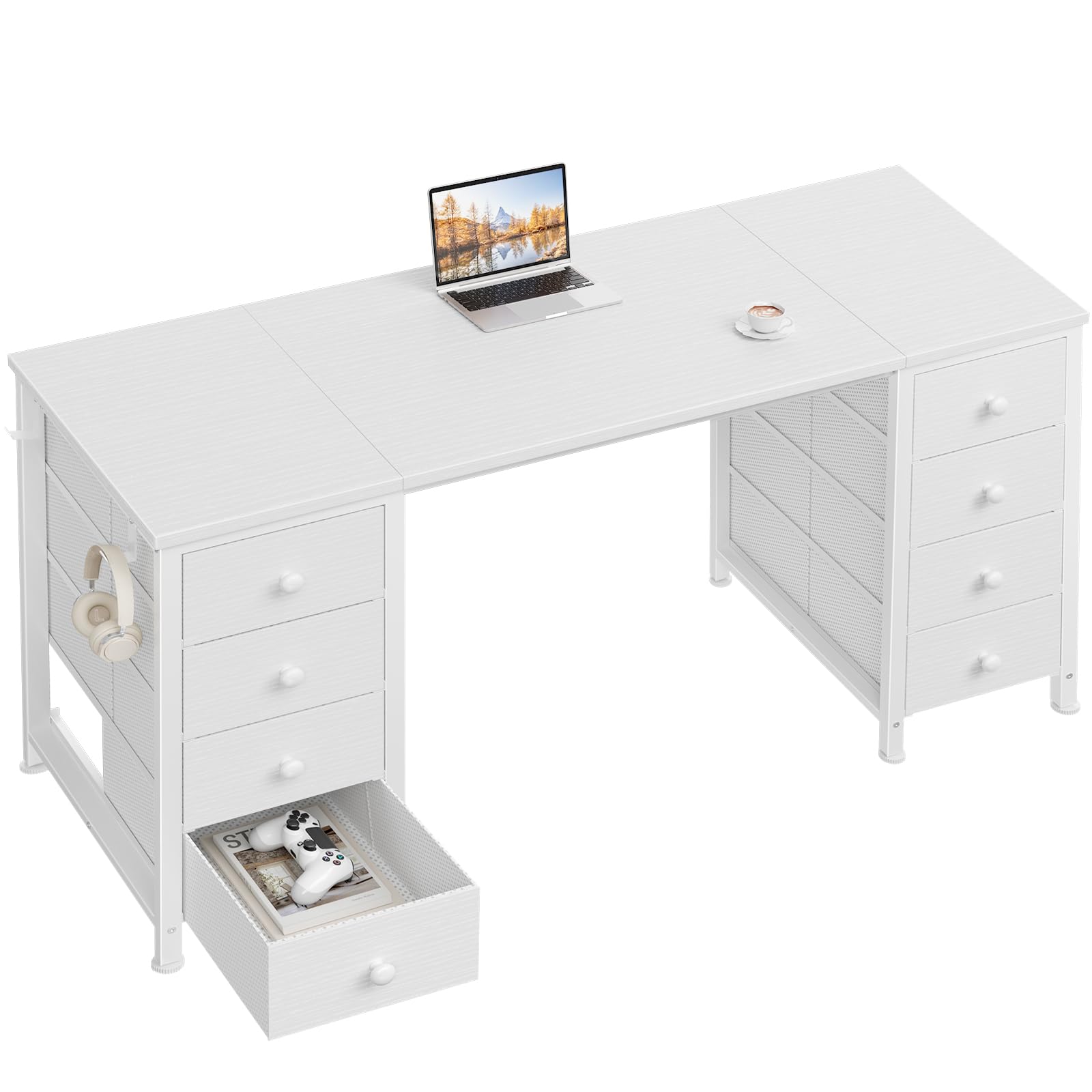 White Computer Desk with Drawers on Both Sides for Home Office, 55 inch ...