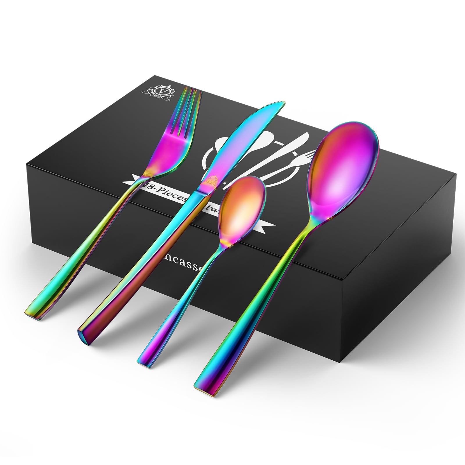 vancasso 48 Piece Stainless Steel Rainbow Cutlery Set Square End Table ...