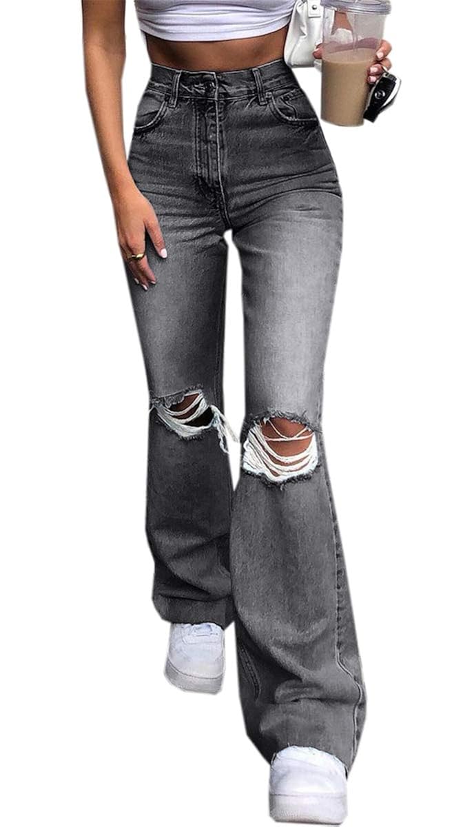 Buy DAIMIDY Women's Casual Ripped Jeans Bell Bottom High Waist Denim ...