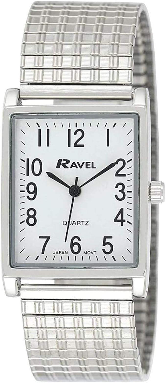 Ravel Gents White Rectangle Dial Silvertone Expander Bracelet Strap ...