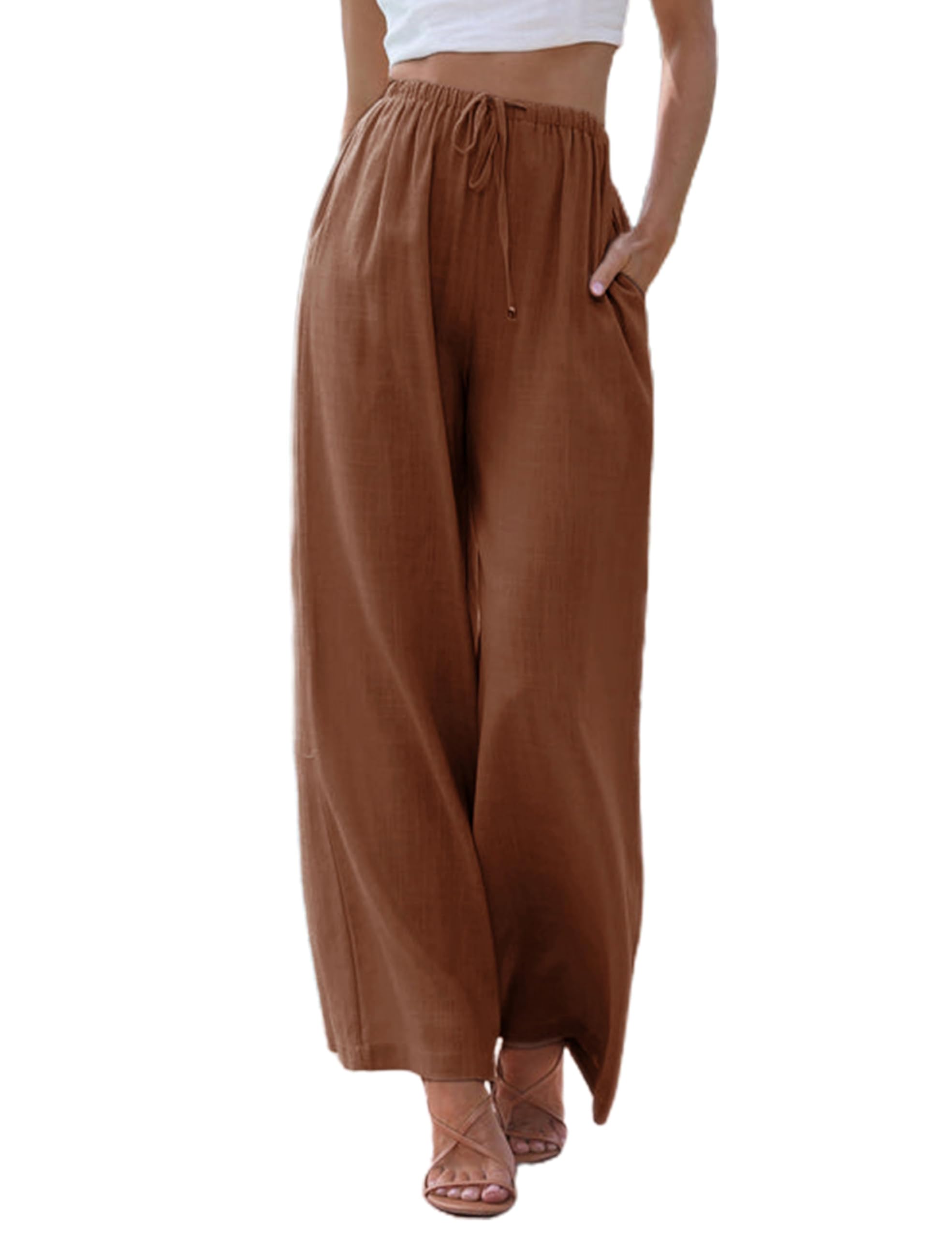 Tanming Wide Leg Linen Pants for Women Summer Flowy High Waisted Beach ...