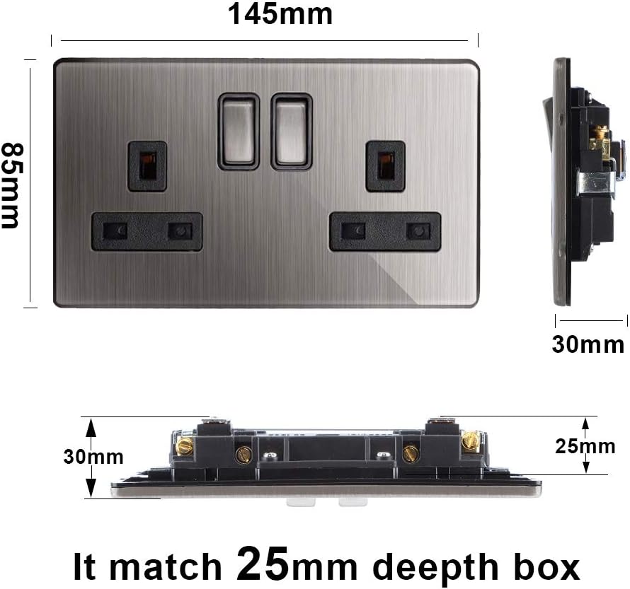Wall Plug Socket Brushed Chrome Switch Electrical Plug Sockets (2 Packs ...
