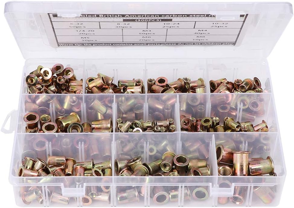 300Pcs Rivet Nut Assortment Kit Carbon Steel Flat Head Threaded Insert ...